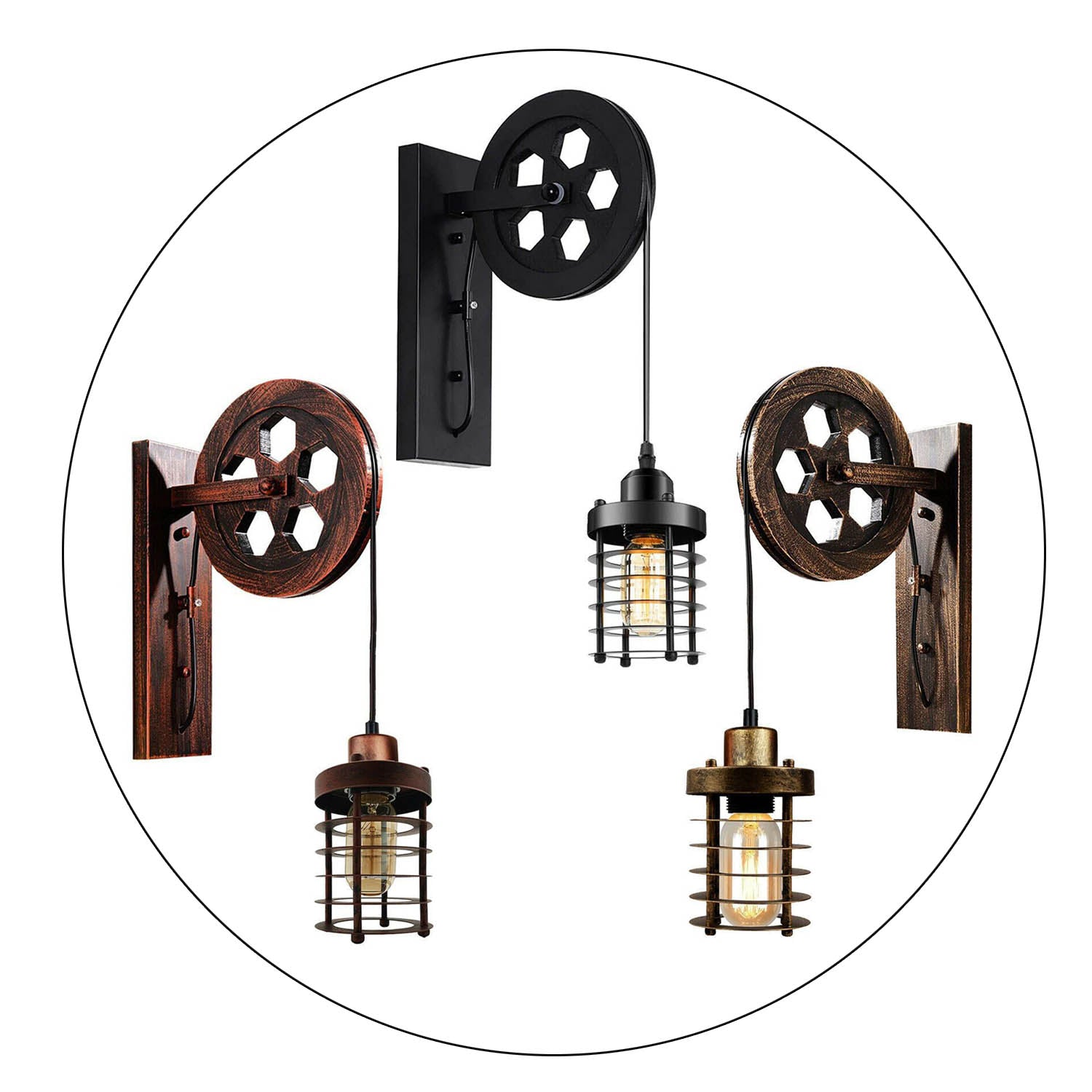 Wall Mount Pulley Wheel Light Retro Metal Cylinder Shade Indoor Light ...